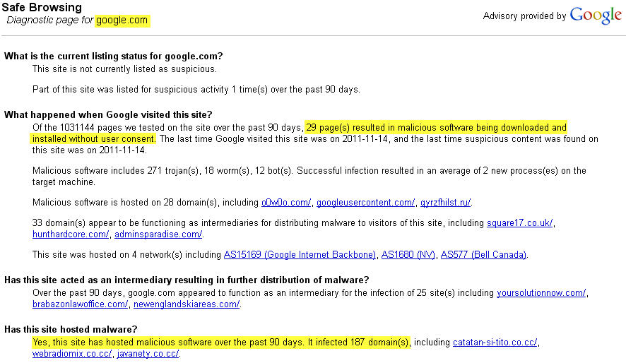 Use Google safe browsing to check for malware and phising sites